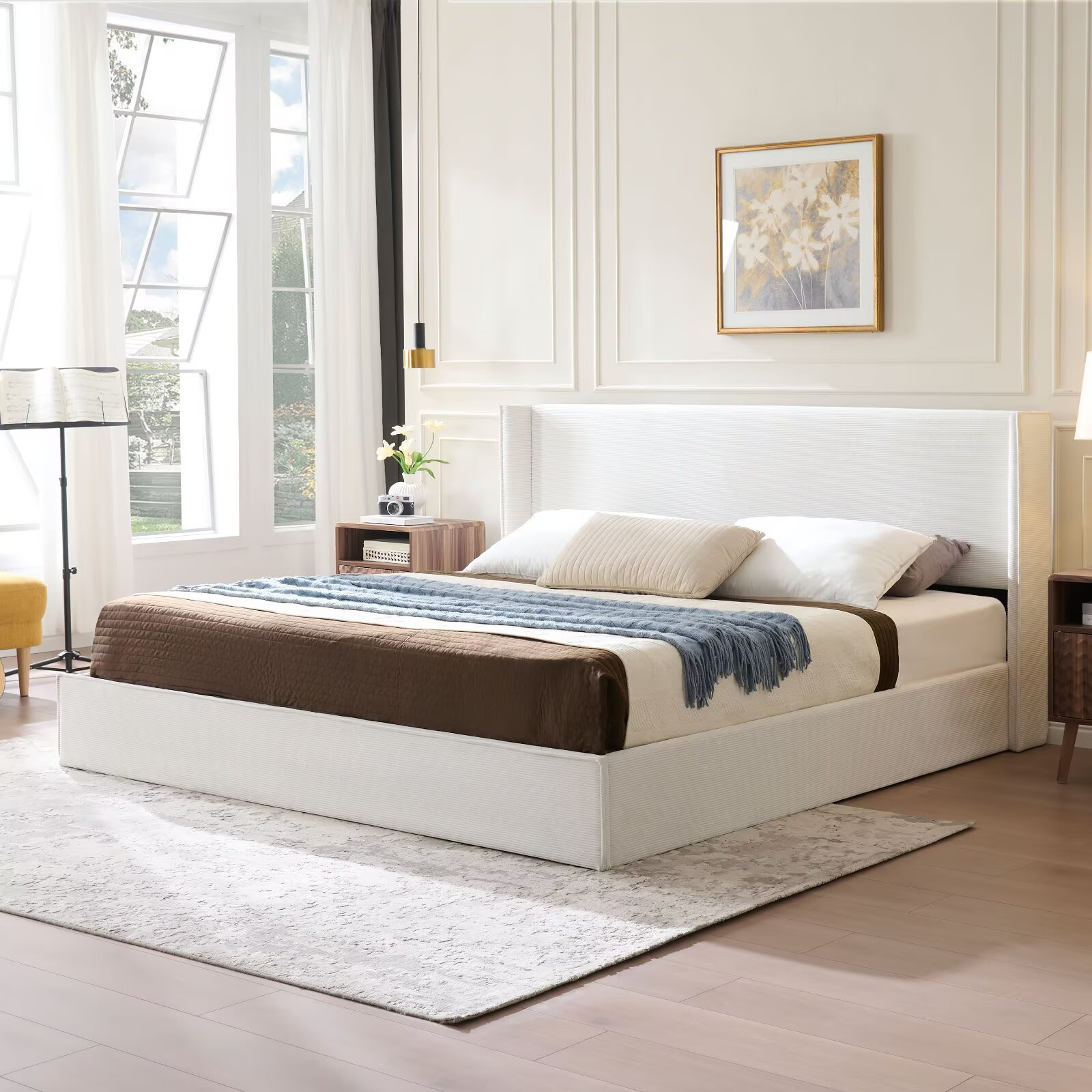 Latitude Run® Lift-Up Storage Bed with 43" High Wingback Headboard, Corduroy Upholstery ...